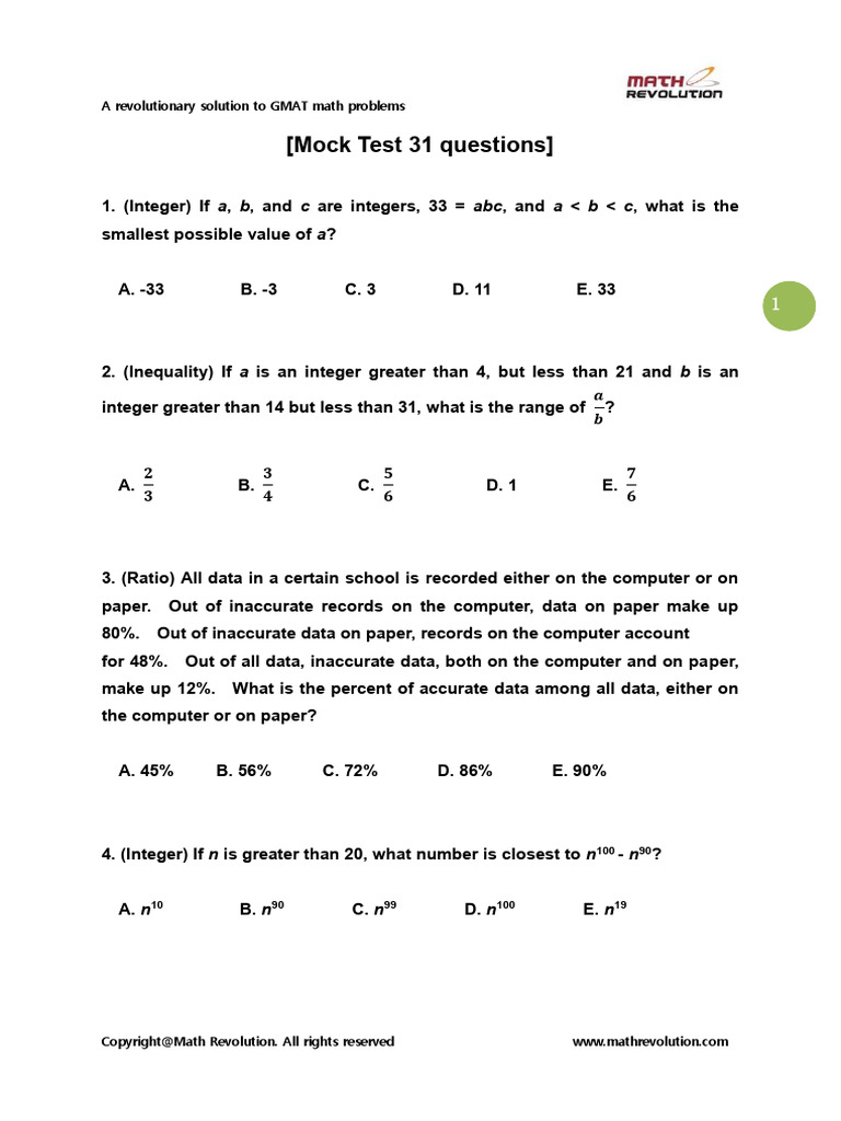 GMAT Mock Test (31 Questions) | PDF | Numbers | Equations