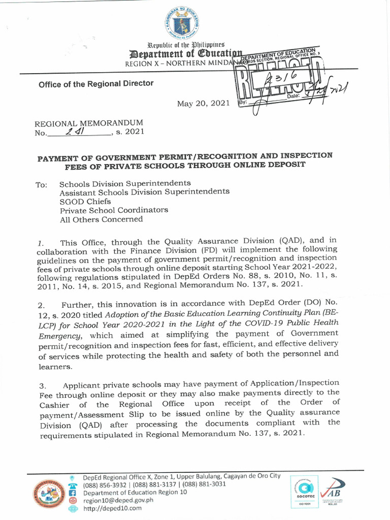 RM - 241 - Payment of Government PermitRecognition and Inspection Fees ...