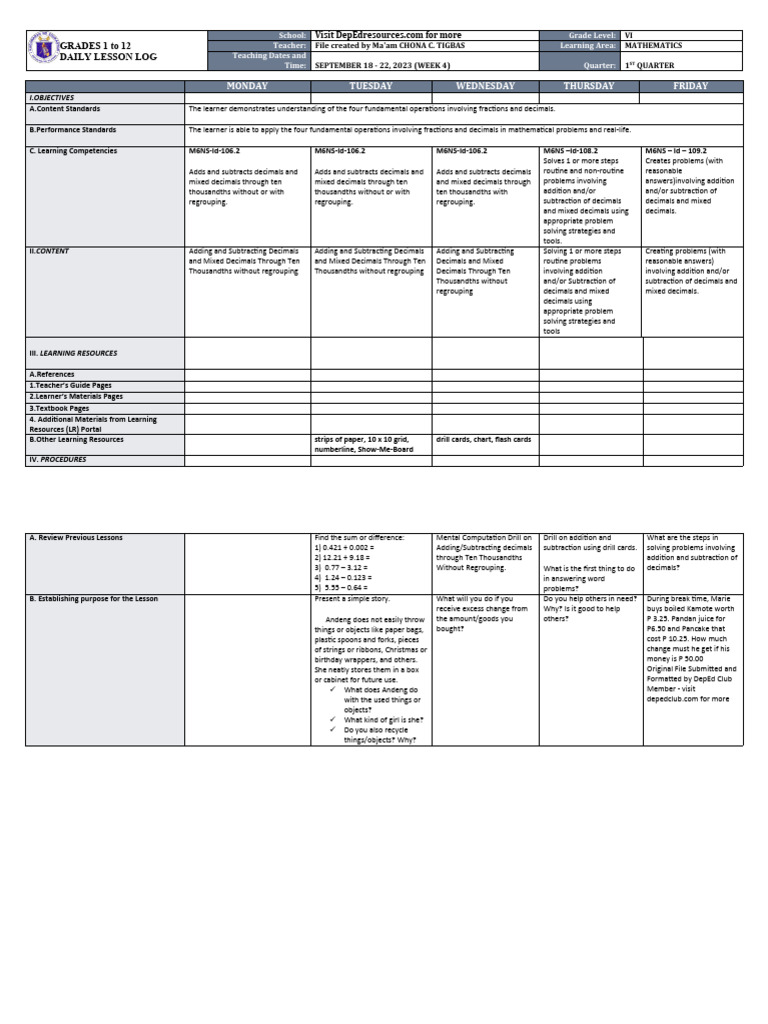 DLL - Mathematics 6 - Q1 - W4 | PDF | Subtraction | Learning