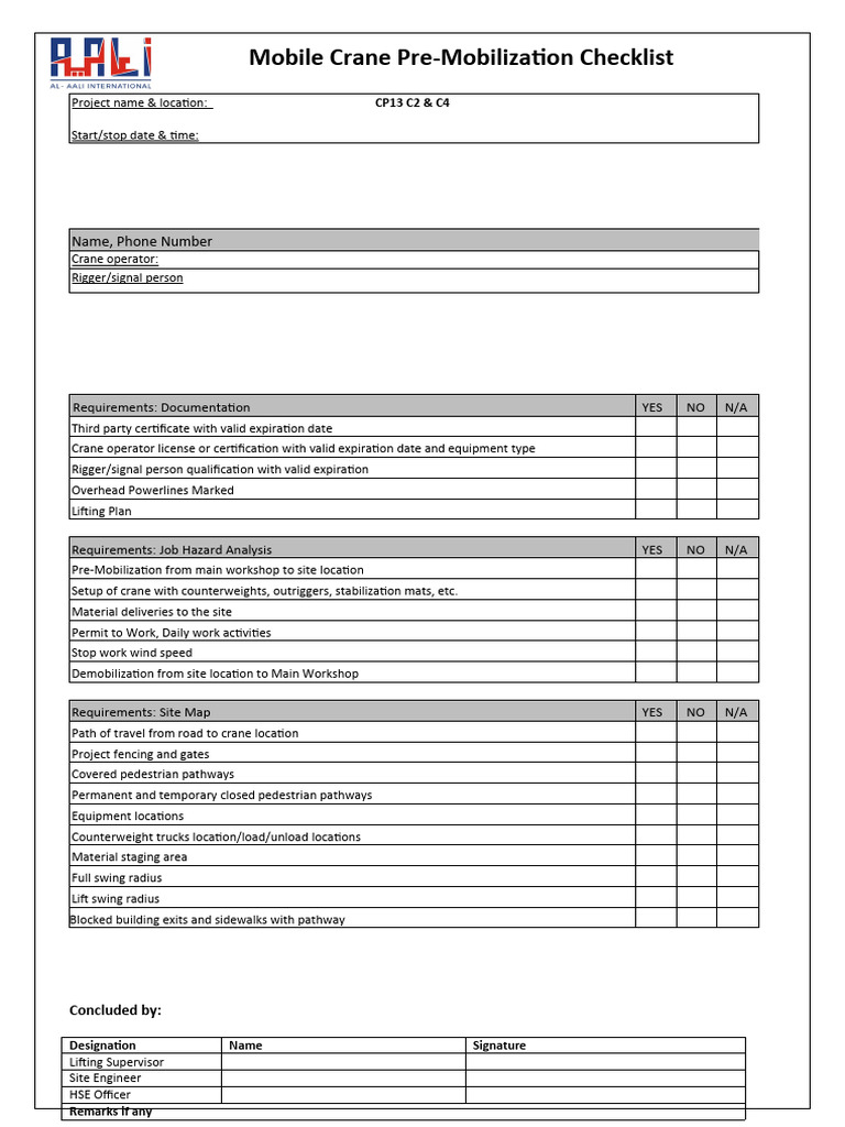 Pre-Mobilization-Checklist Modified | PDF
