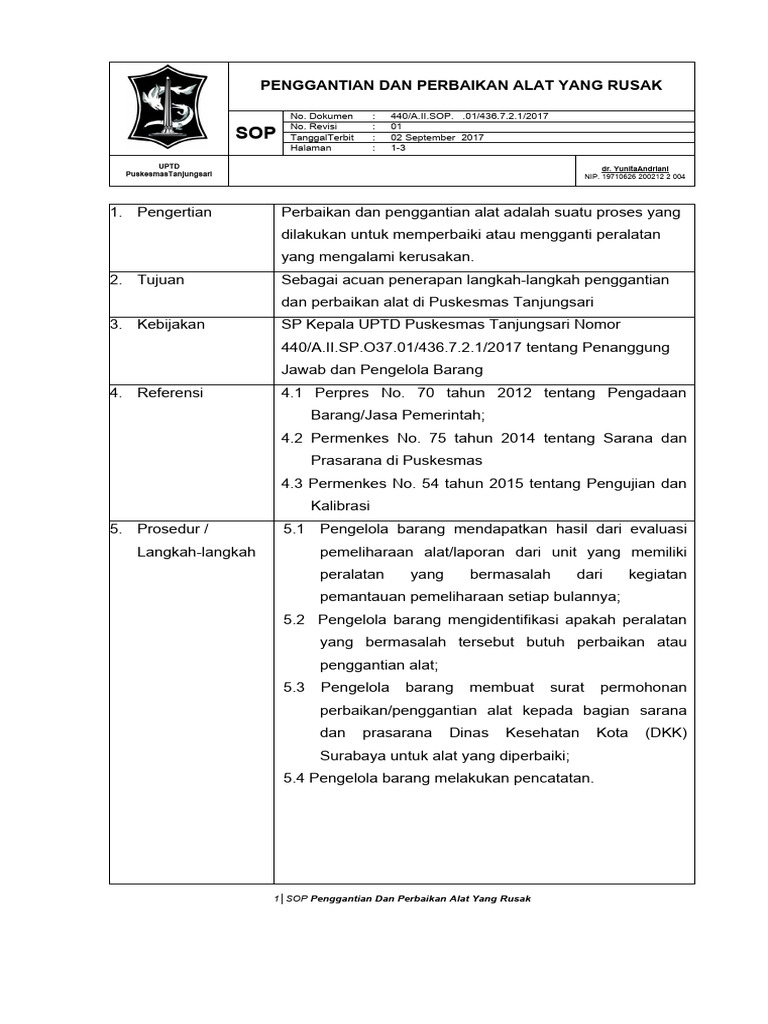 SOP Perbaikan dan Penggantian Alat Puskesmas | PDF