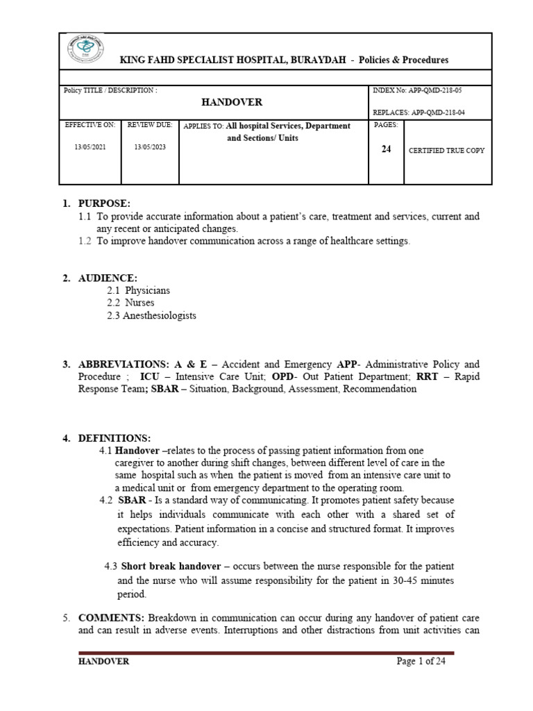 Hospital Handover Communication Policy | PDF | Emergency Department ...