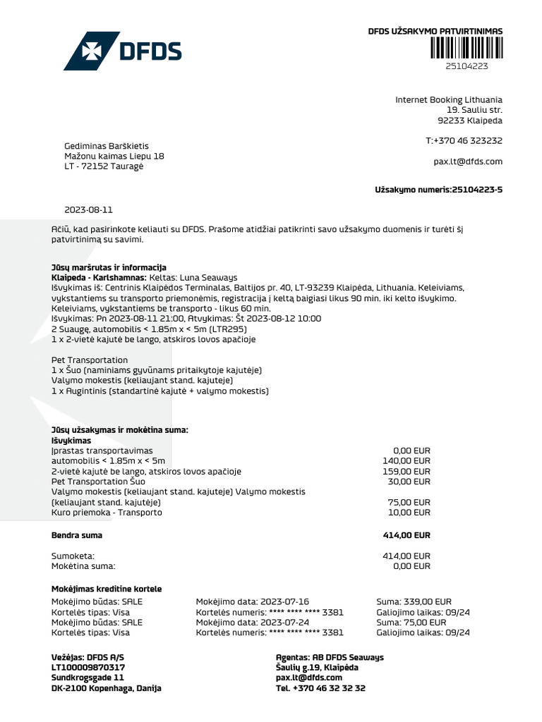 DFDS Booking Customer 25104223 | PDF