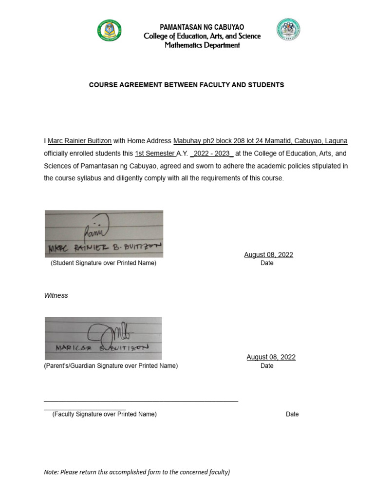 Course Agreement for Students | PDF