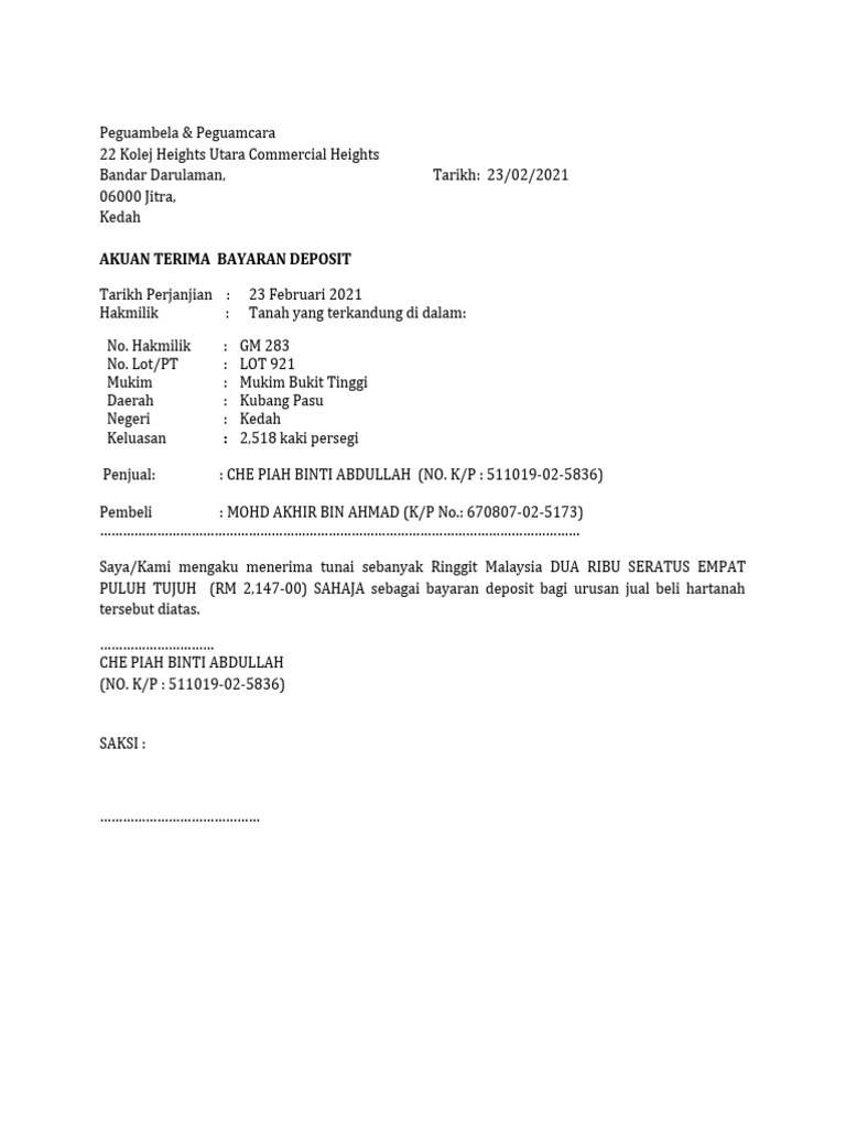 Akuan Terima Deposit Own | PDF