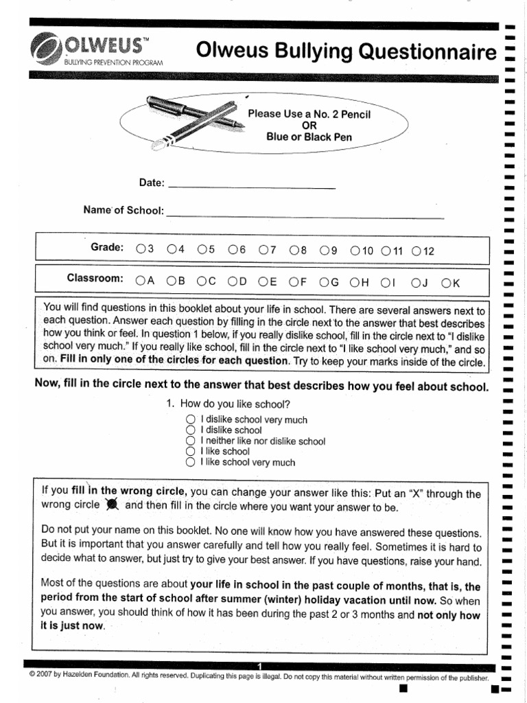 Olweus Bullying Questionnaire | PDF
