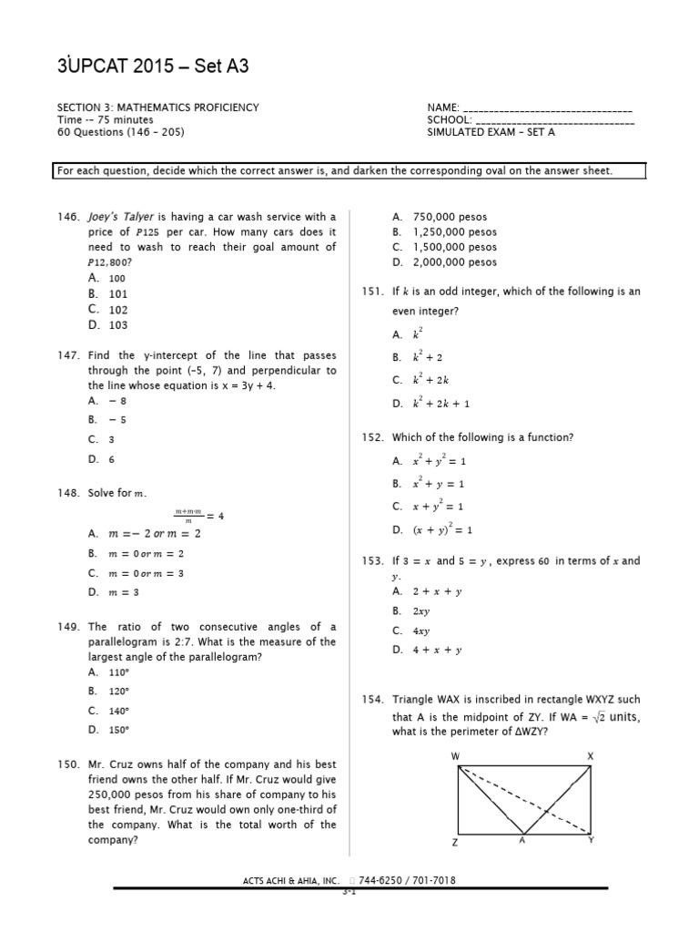 UPCAT 2015 - SIMULATED EXAM - SET A - SECTION 3 - MATHEMATICS PROFICIENCY v.4.16.2015 | PDF ...
