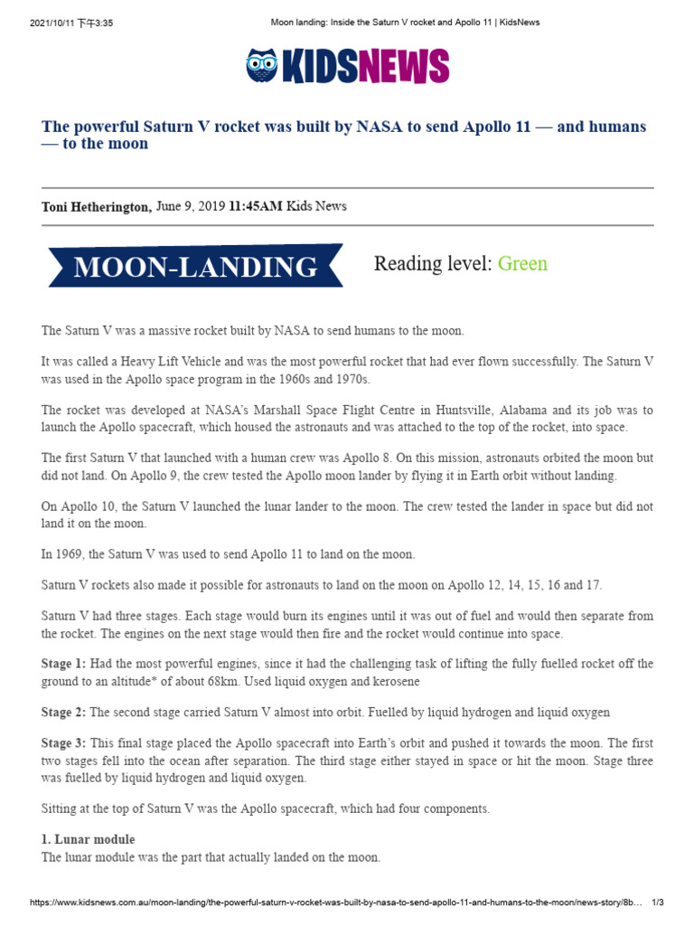 05 Moon Landing - Inside The Saturn V Rocket and Apollo 11 - KidsNews ...