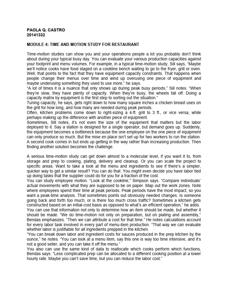 Module 4 - Time and Motion Study For Restaurant | PDF | Business