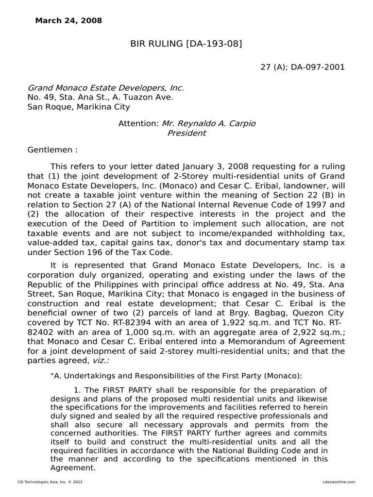 Joint Venture Tax Ruling for Real Estate | PDF | Taxes | Income Tax