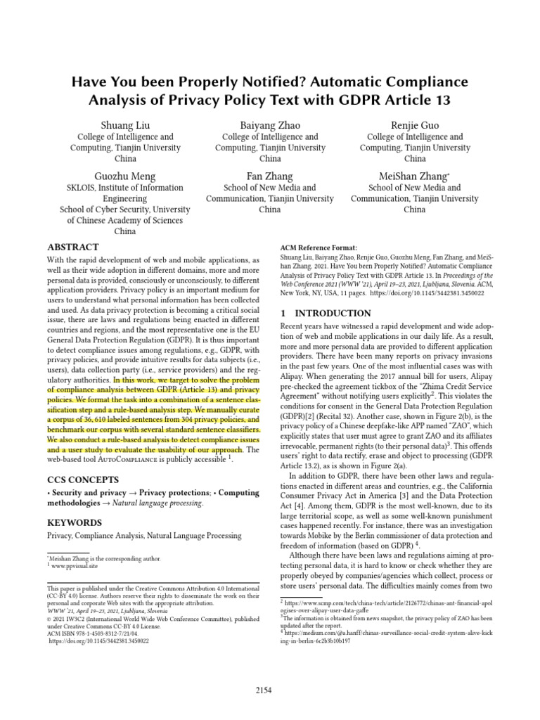Have You Been Properly Notified? Automatic Compliance Analysis of Privacy Policy Text With GDPR ...