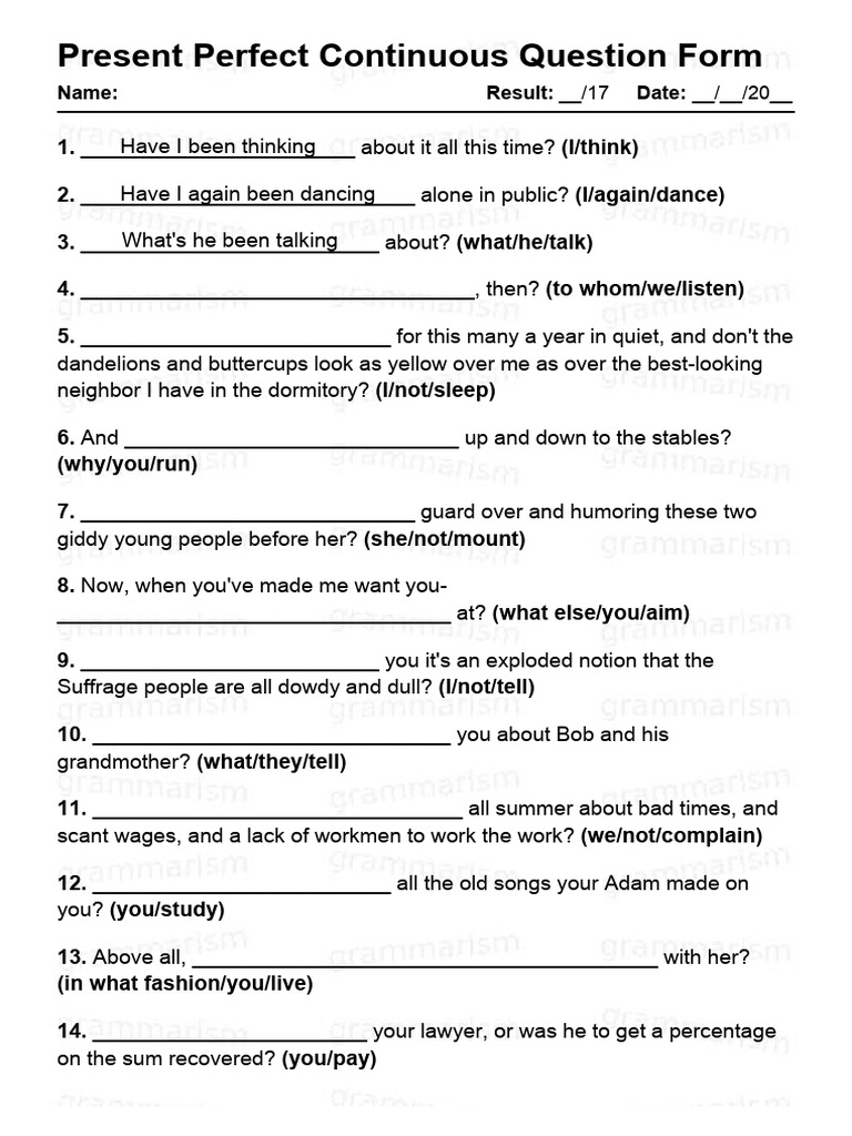 Grammarism Present Perfect Continuous Question Test 1 1669595 | PDF Grammarism Present Perfect Continuous Question Test 1 1669595 | PDF