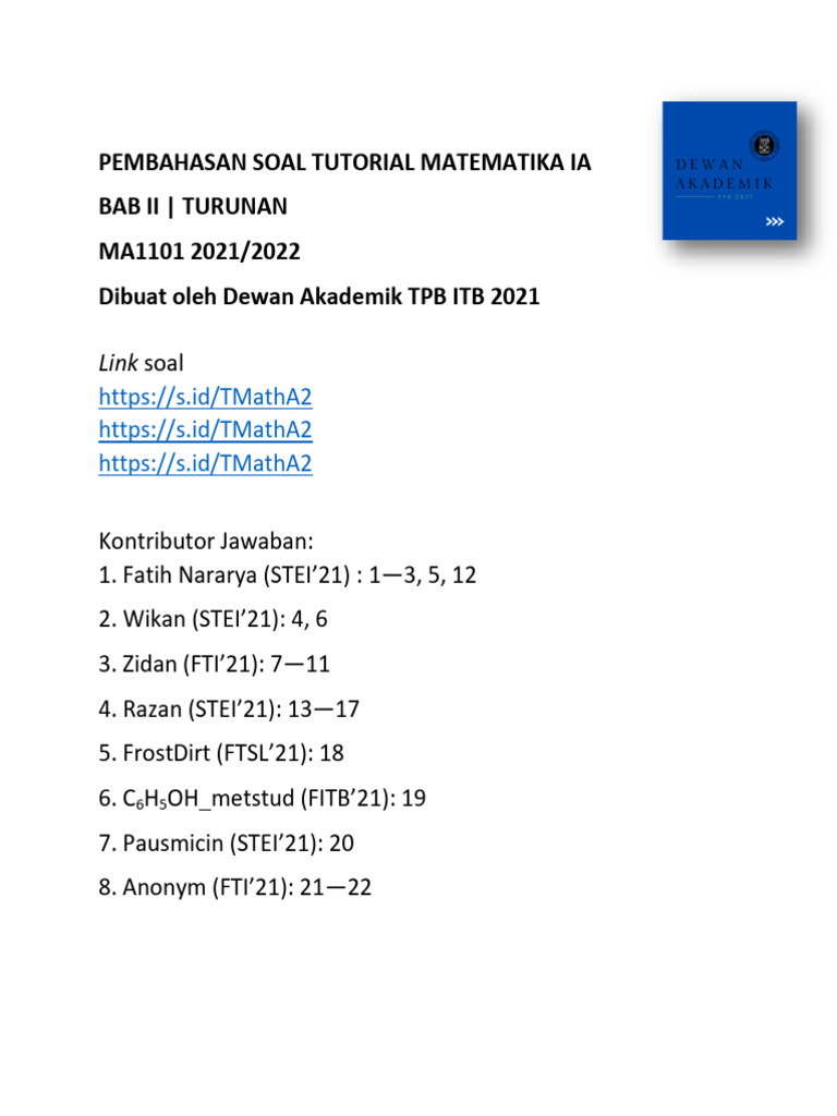 Pembahasan Soal Tutorial Matematika IA Bab 2 2021 | PDF