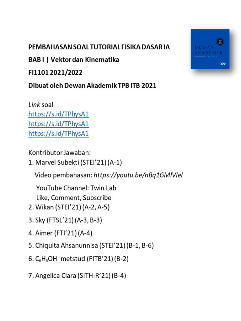 Pembahasan Soal Tutorial Fisika Dasar IA Bab I 2021 | PDF Pembahasan Soal Tutorial Fisika Dasar IA Bab I 2021 | PDF