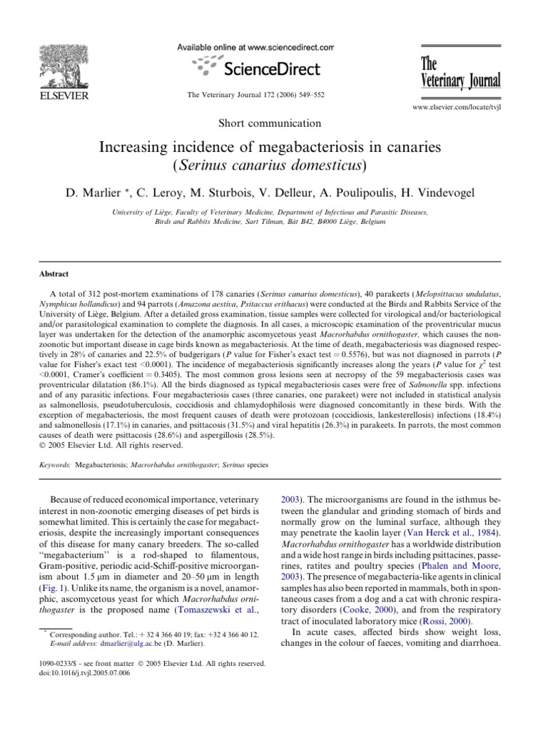 Increasing Incidence of Megabacteriosis in Canaries | PDF