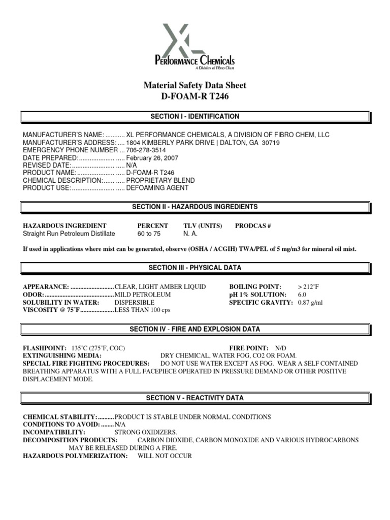 D Foam R T246 MSDS | PDF | Carbon Dioxide | Water