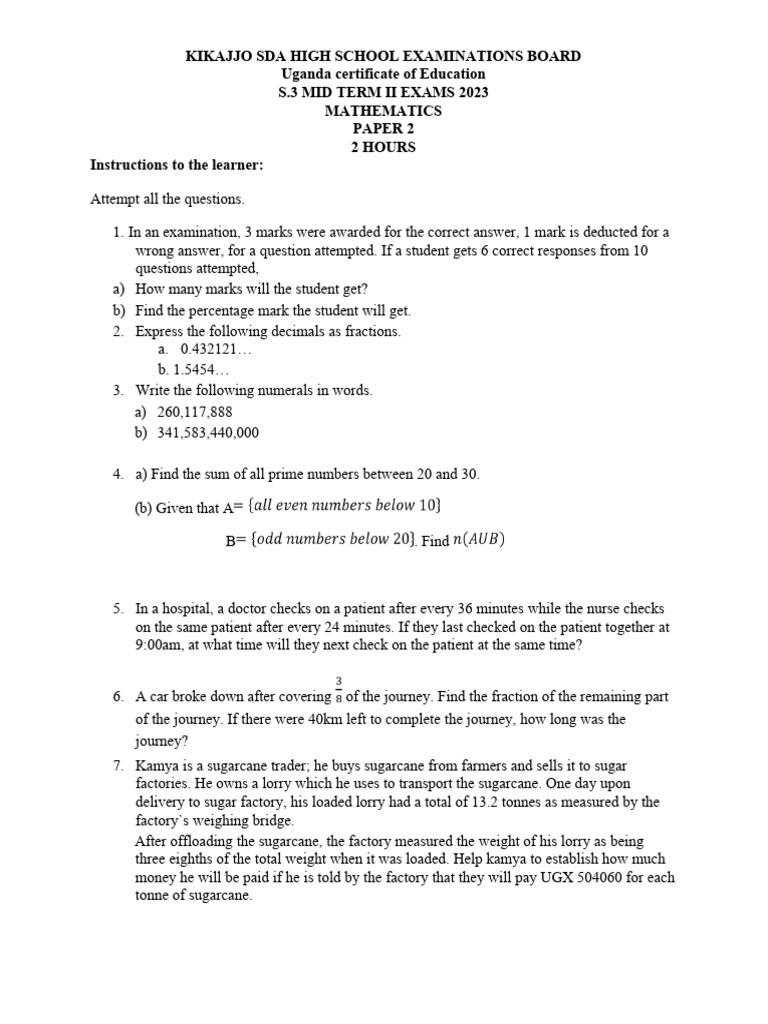 Maths 2 S.3 Mid Term Exams 2023 | PDF | Mathematics