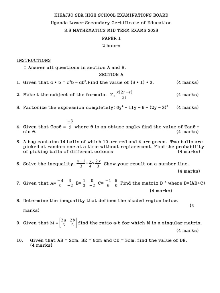 Maths 1 S.3 Mid Term Ii Exams | PDF | Matrix (Mathematics) | Triangle