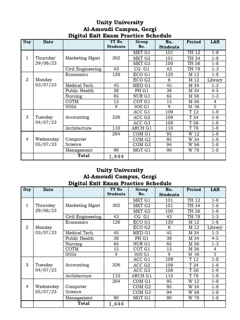 Unity University Exam Schedule | PDF