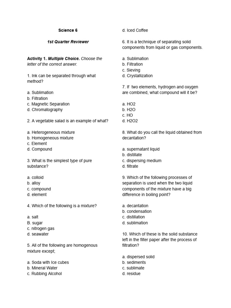 Science 6 Quarter 1 Reviewer | PDF | Mixture | Chemical Substances