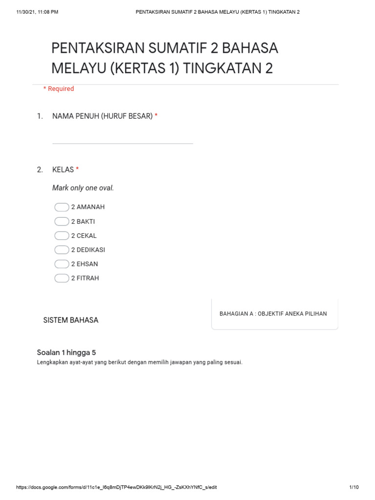 GF PENTAKSIRAN SUMATIF 2 BAHASA MELAYU (KERTAS 1) TINGKATAN 2 - Google Forms | PDF