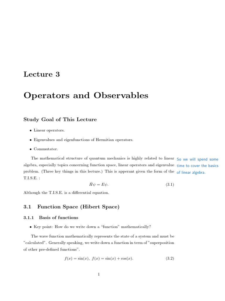 Lecture 3 Operators & Observables | PDF | Applied Mathematics | Applied And Interdisciplinary ...