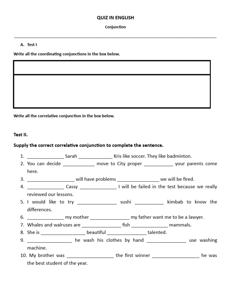 QUIZ IN ENGLISH-conjunction | PDF