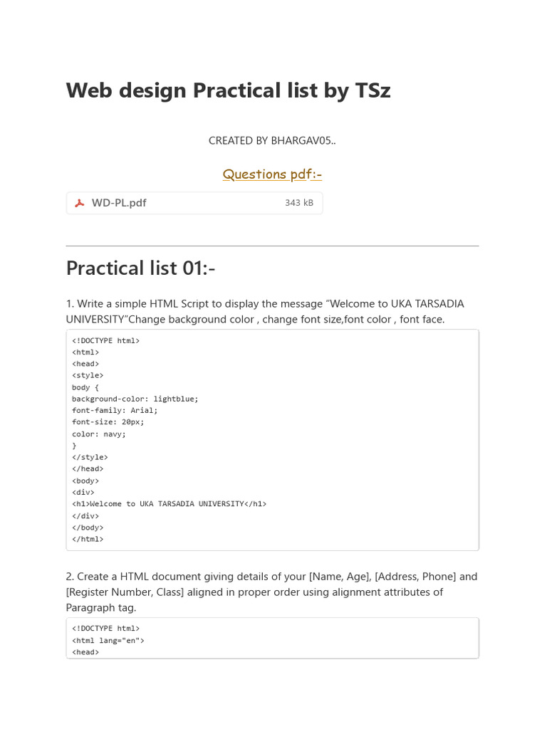 Web Design Practical List by TSZ | PDF