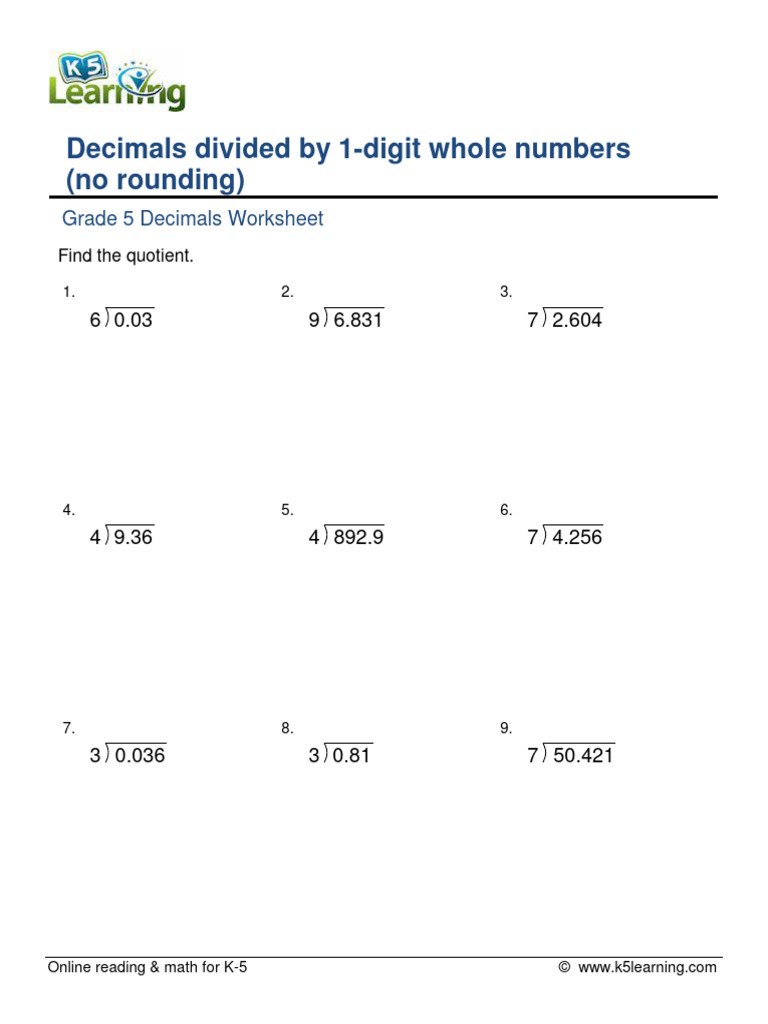 Grade 5 Divide Decimal by 1d Whole Number No Round B | PDF
