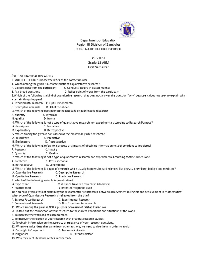 Pre Test Practical Research 2 I | PDF | Quantitative Research | Theory