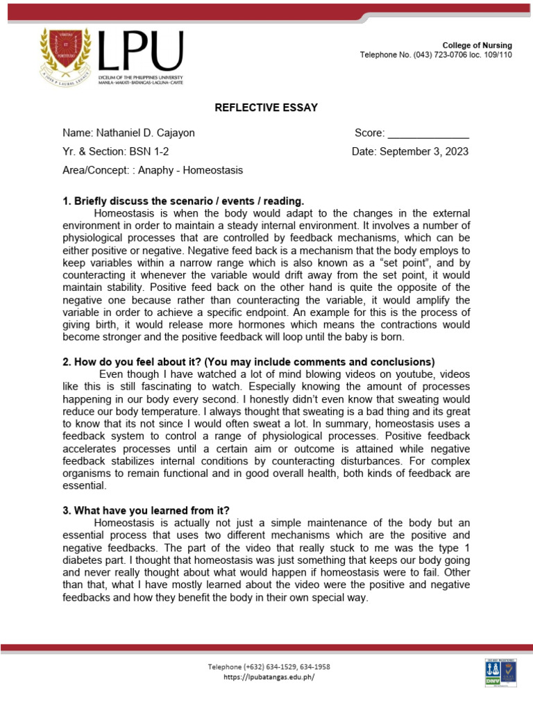 Reflective Essay 1 | PDF | Feedback | Homeostasis