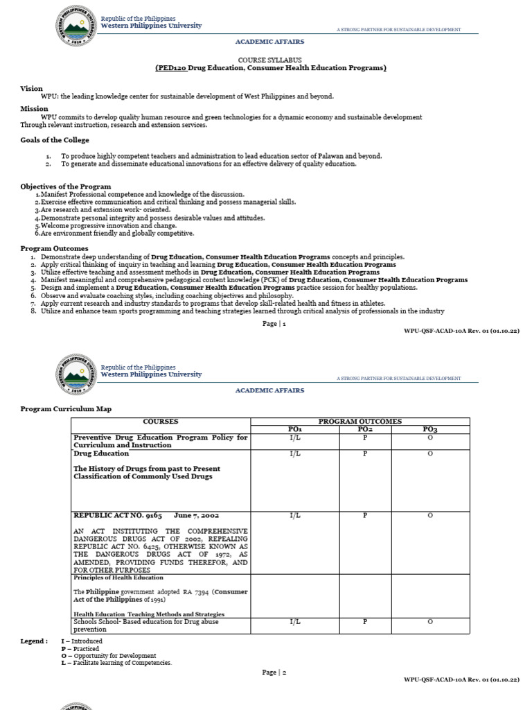 Ped120 Drug Education Syllabus Final 2 | PDF | Health Education ...