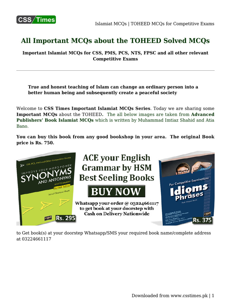 Islamiat MCQs - TOHEED MCQs For Competitive Exams | PDF | Monotheistic ...