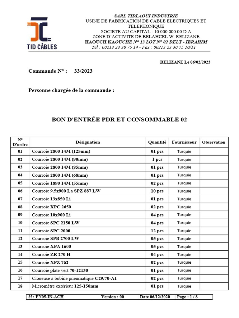 Bon de commande PDR et consommables | PDF | Outil de tour | Métallurgie