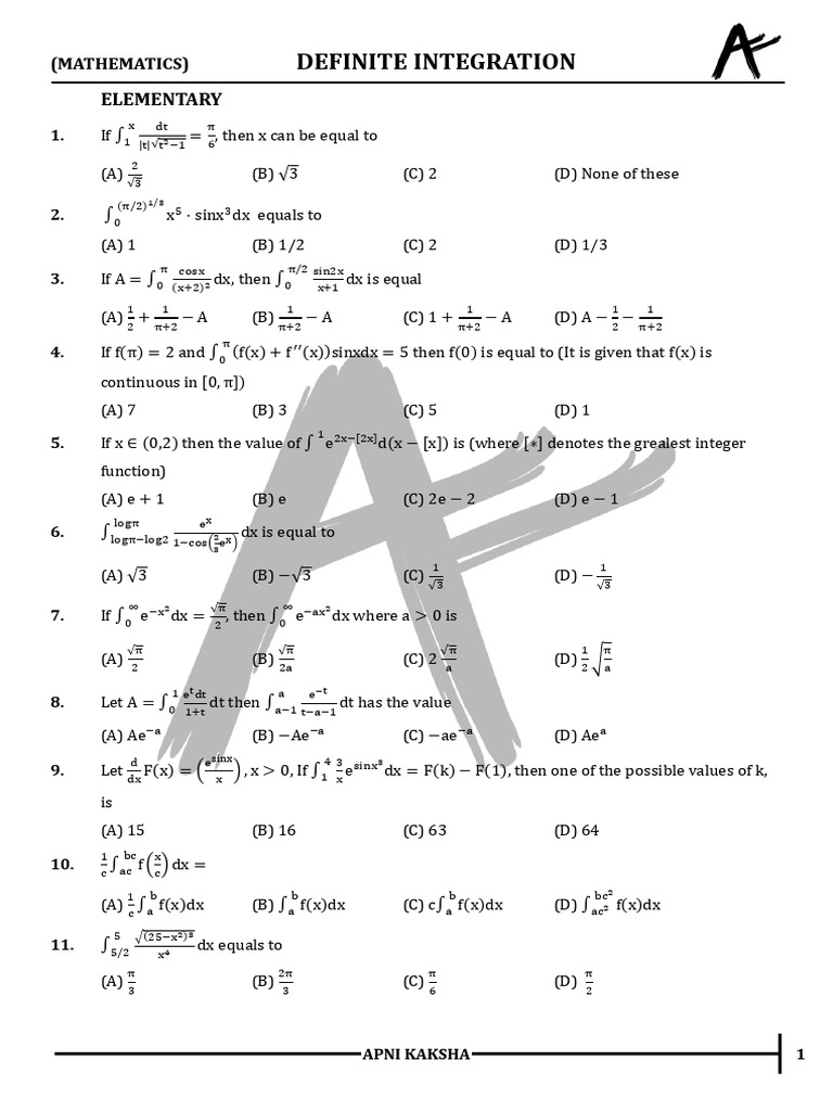 Sheet - 01 - Definite Integration | PDF | Function (Mathematics ...