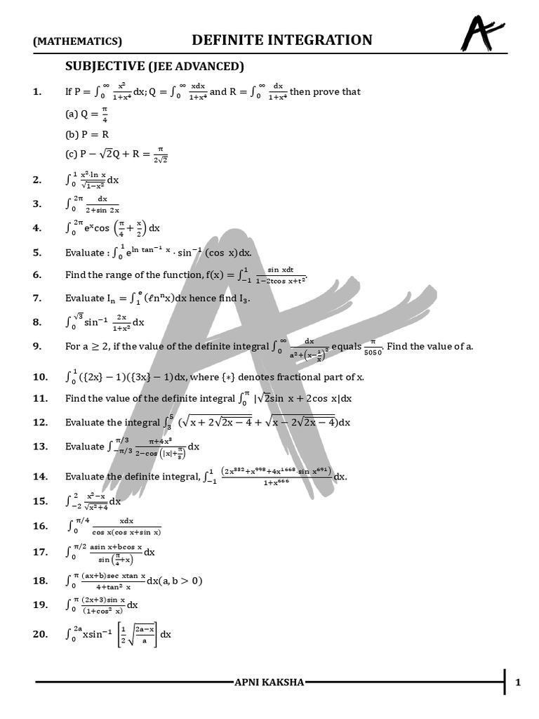 JEE Advanced Definite Integration Problems | PDF | Pi | Function (Mathematics)