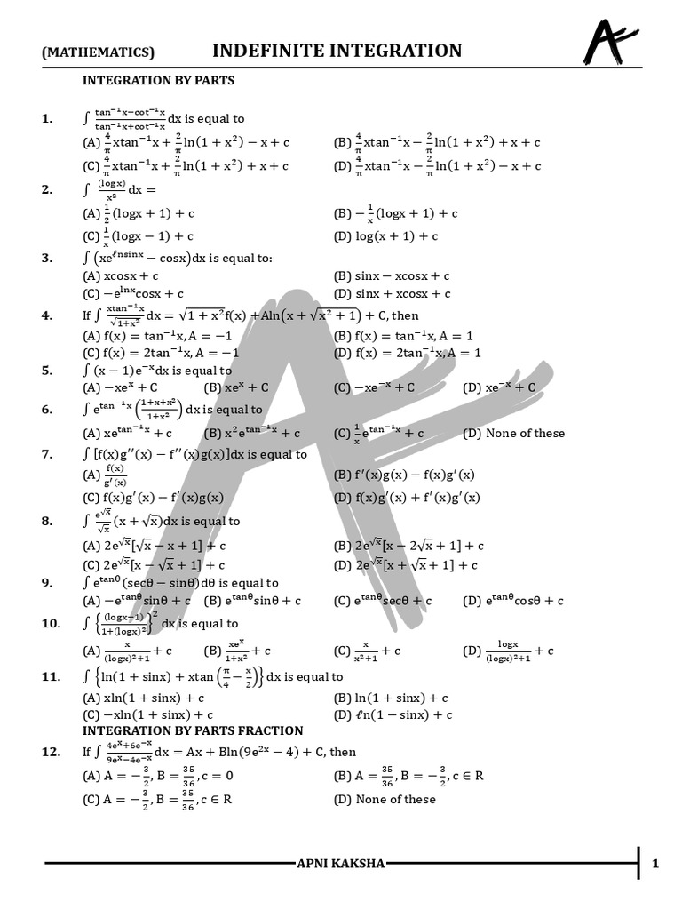 Sheet - 01 - Indefinite Integration | PDF | Calculus | Mathematical ...