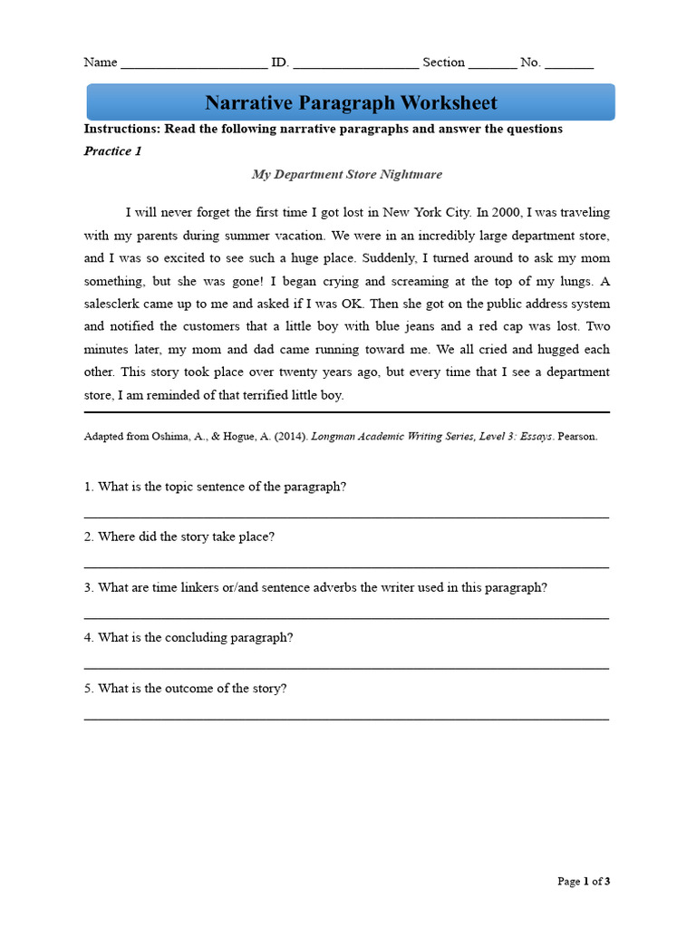 Narrative Paragraph Self-Study Video Worksheet | PDF
