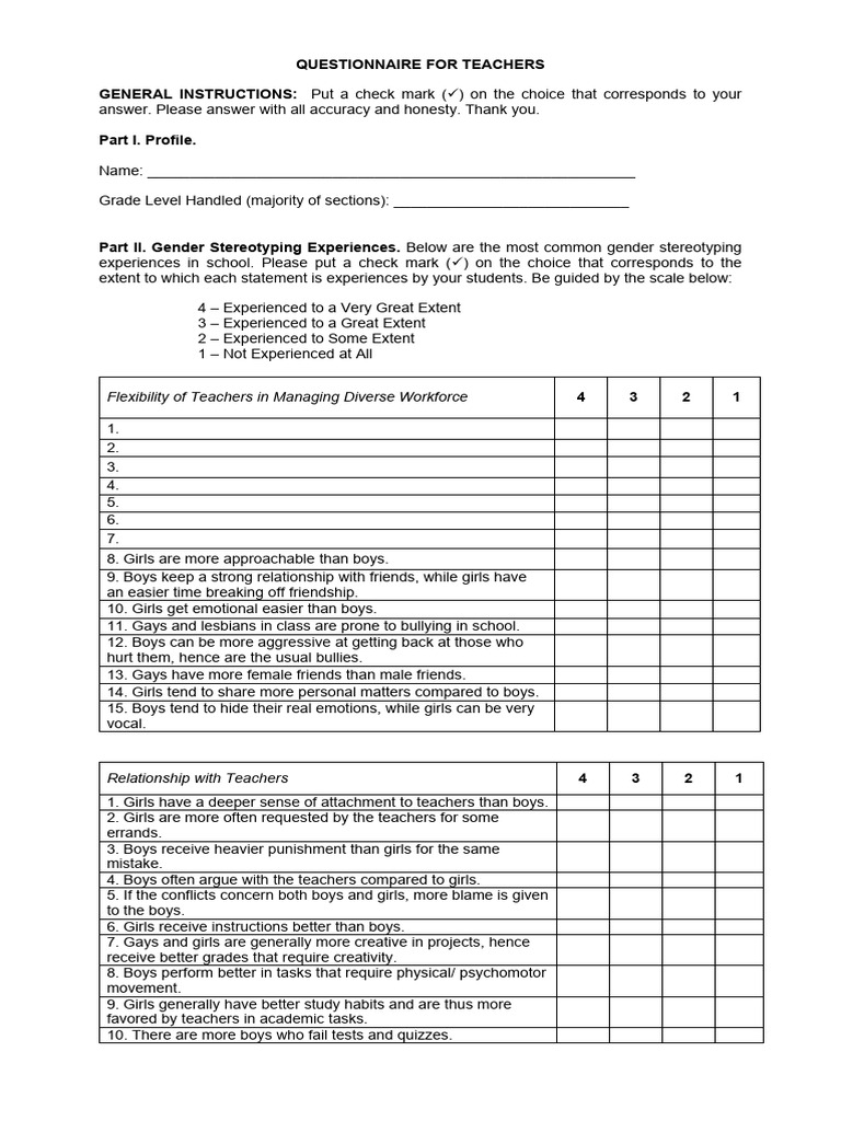 Sample Action Research Questionnaires 2022 | PDF | Bullying | Gender Role