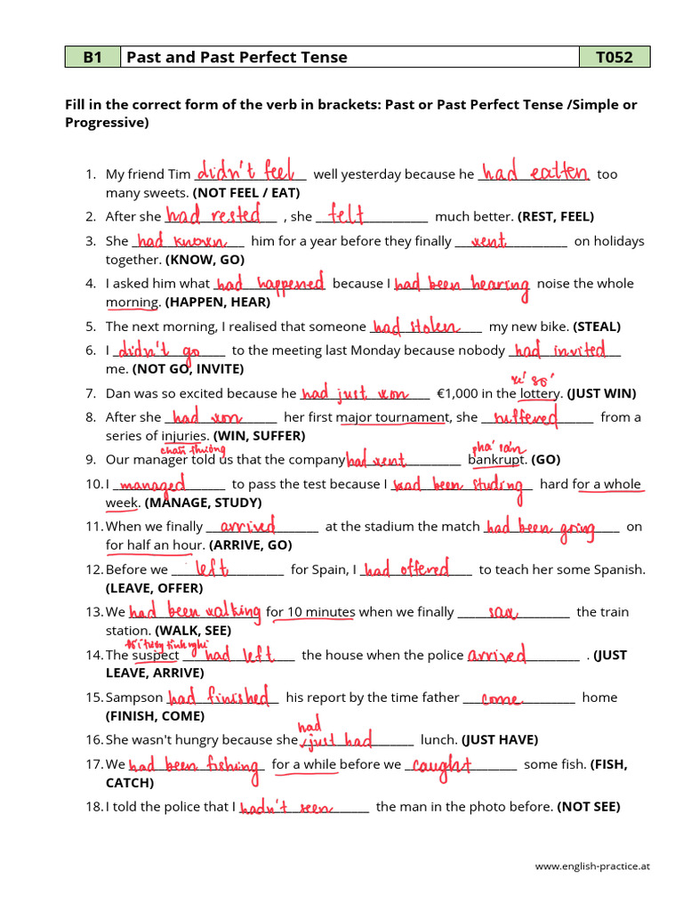 Past and Past Perfect Tense PDF Grammar Worksheet B1 T052 | PDF