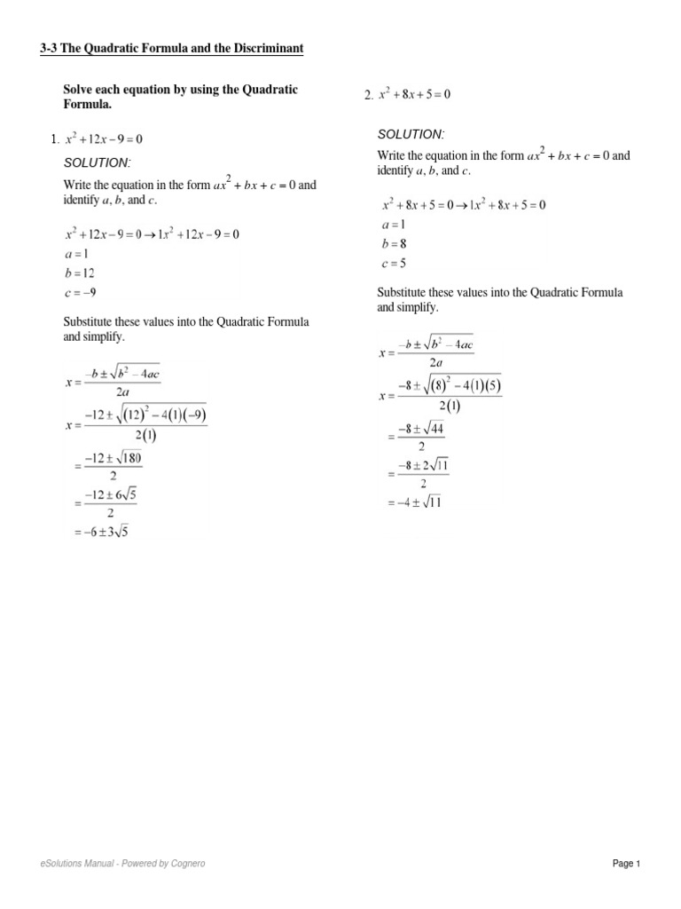 3-3 the Quadratic Formula and the Discriminant | PDF | Quadratic ...