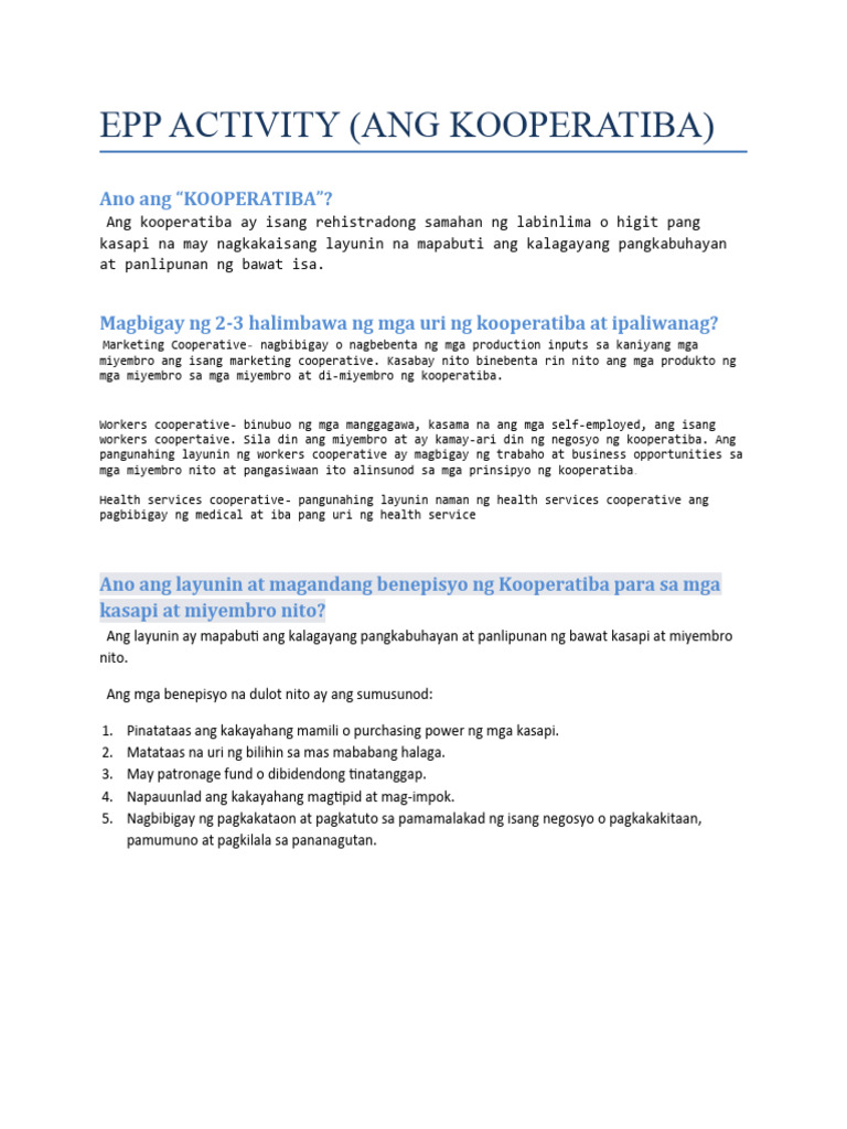 Epp Activity Ang Kooperatiba | PDF