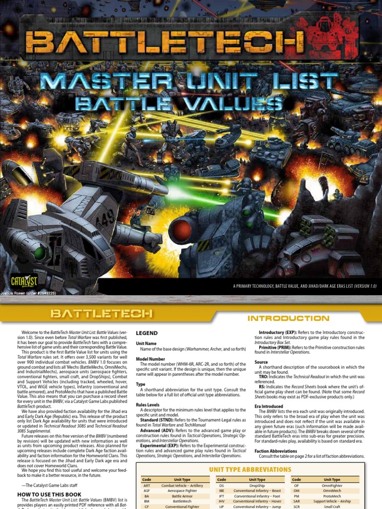 BattleTech Master Unit List: Battle Values | PDF | Battle Tech