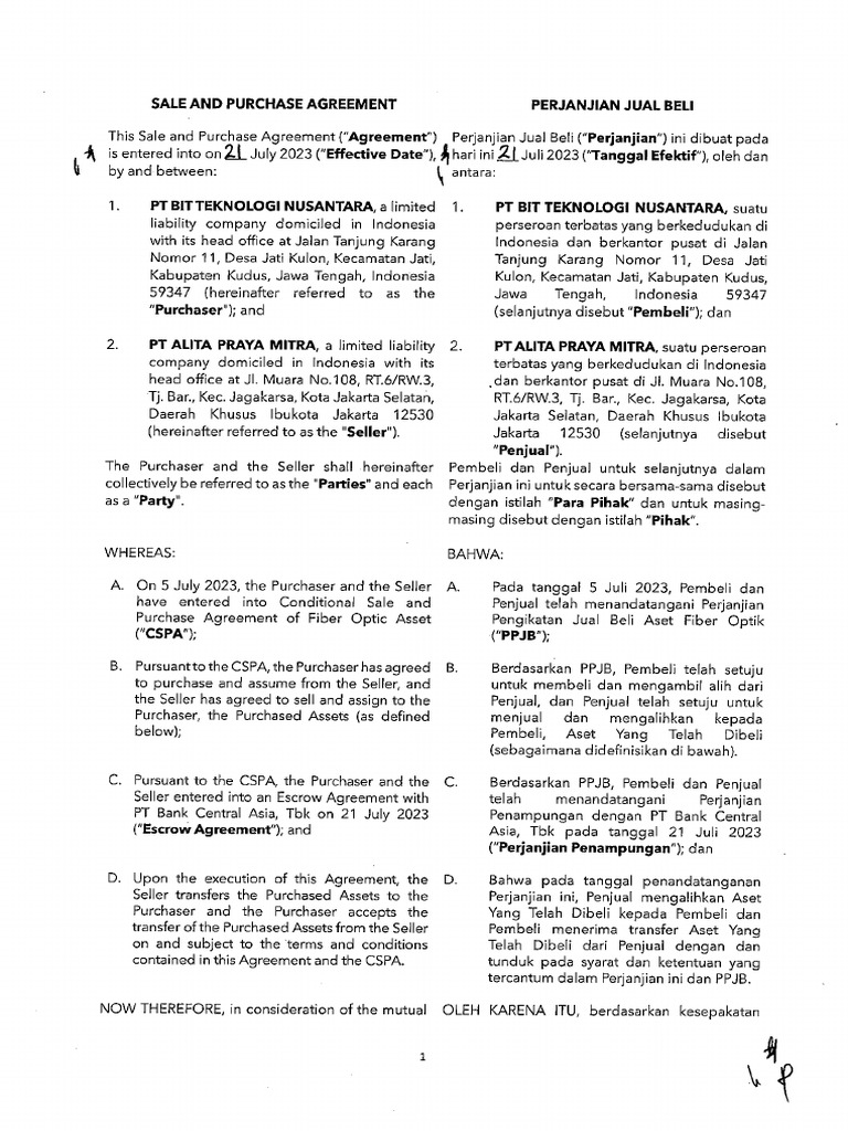Sale and Purchased Agreement (SPA) BIT - Alita - Project Akasia 2 - 21 Jul 2023 - Executed | PDF