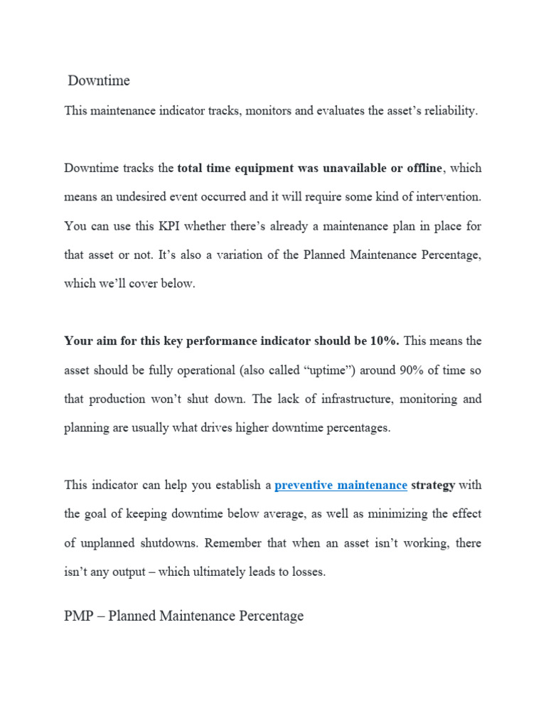 Maintenance KPI Metrics Guide | PDF | Inventory | Performance Indicator