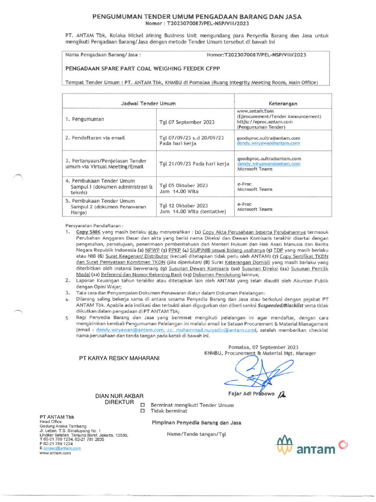 Pengumuman & Dokumen Tender Umum Pengadaan Spare Part Coal Weighing Feeder CFPP | PDF