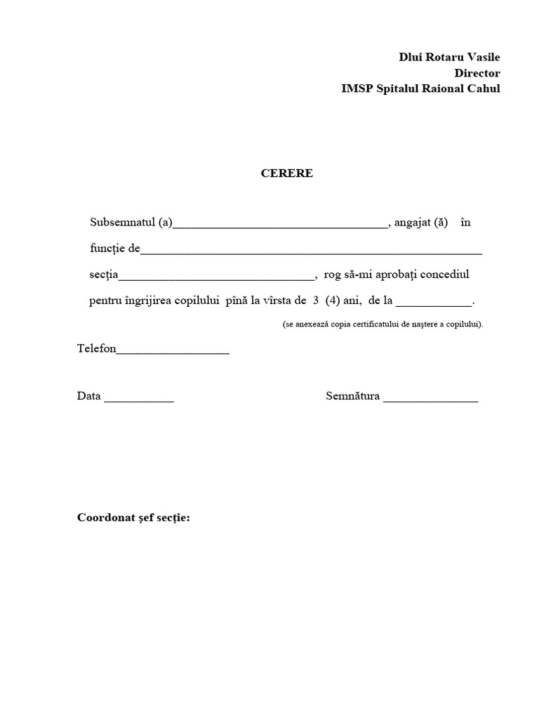 Model Cerere Concediu Pentru Ingrijirea Copilului | PDF