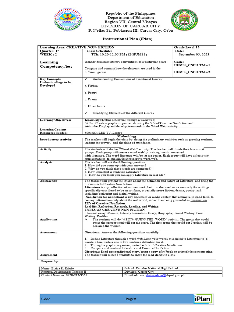 Iplan - WEEK 2 - LESSON 1 - CREATIVE NON FICTION | PDF | Creative Nonfiction | Non Fiction