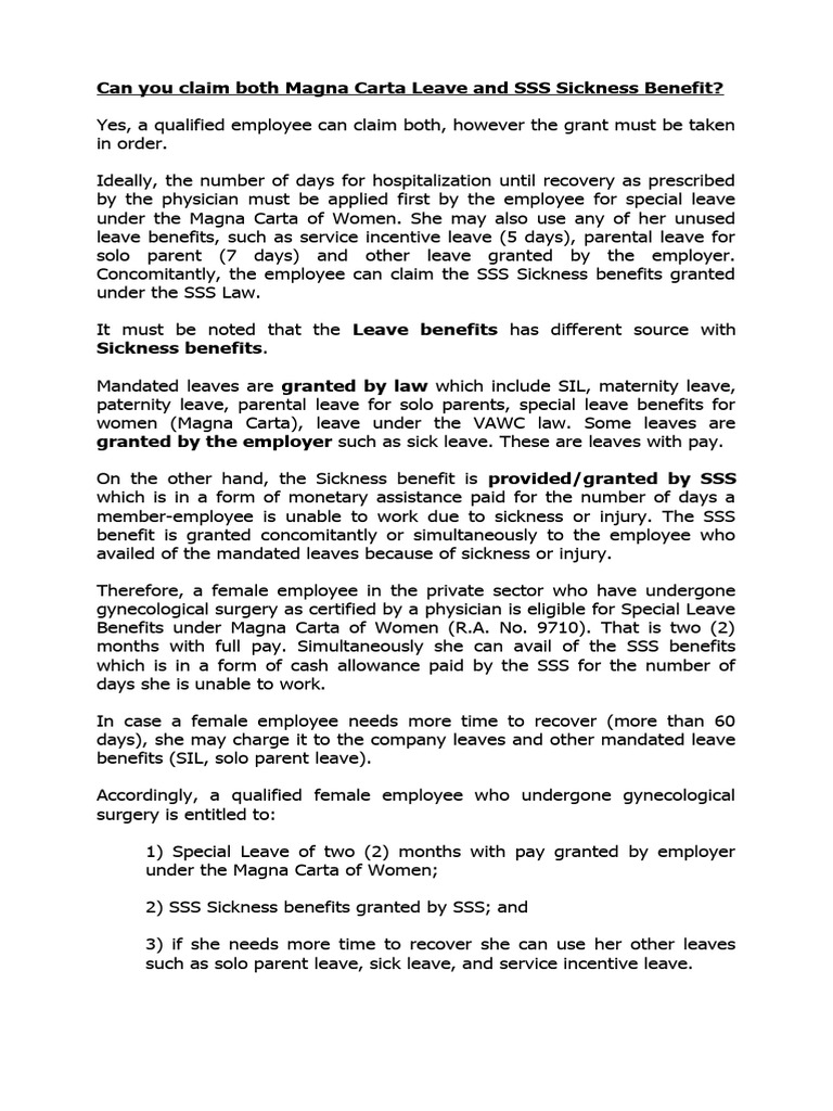 Can You Claim Both Magna Carta Leave and SSS Sickness Benefit | PDF ...