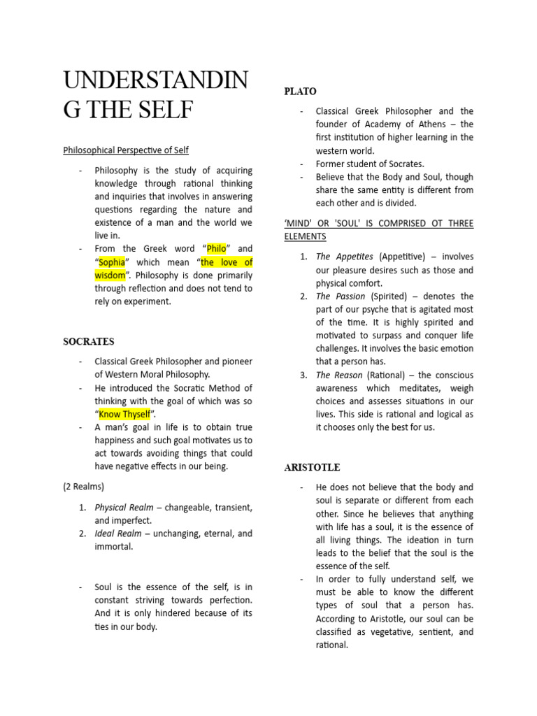 Understanding The Self Notes Pdf Soul Philosophy Of Self
